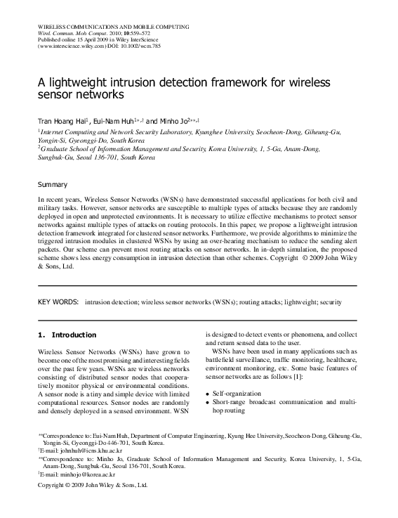 Pdf A Lightweight Intrusion Detection Framework For Wireless Sensor
