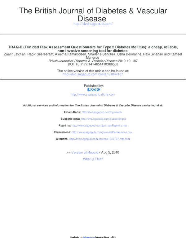 (PDF) TRAQ-D (Trinidad Risk Assessment Questionnaire for Type 2 ...