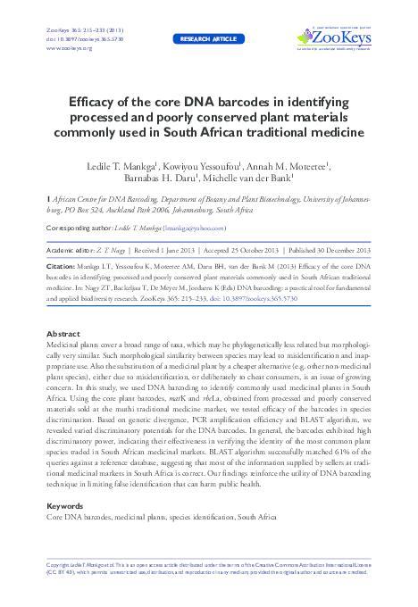 (PDF) Efficacy of the core DNA barcodes in identifying poorly conserved ...