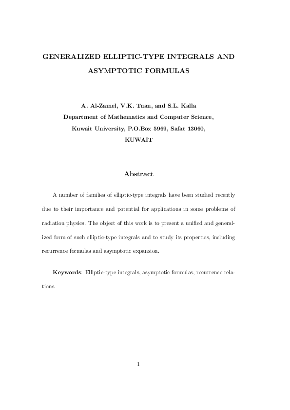 (PDF) Generalized elliptic-type integrals and asymptotic formulas