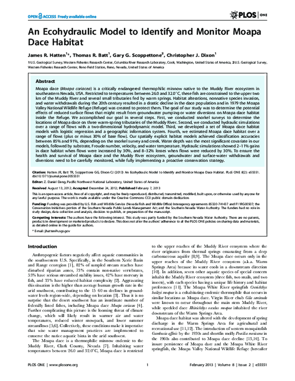 (PDF) An Ecohydraulic Model to Identify and Monitor Moapa Dace Habitat