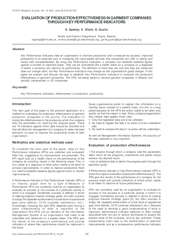 (PDF) EVALUATION OF PRODUCTION EFFECTIVENESS IN GARMENT COMPANIES ...