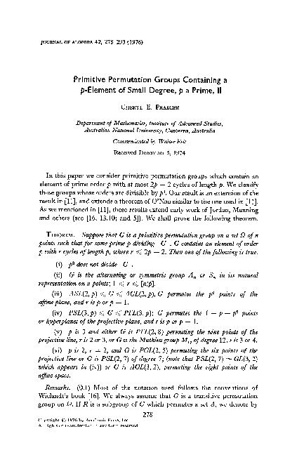 (PDF) Primitive permutation groups containing an element of order p of small degree, p a prime
