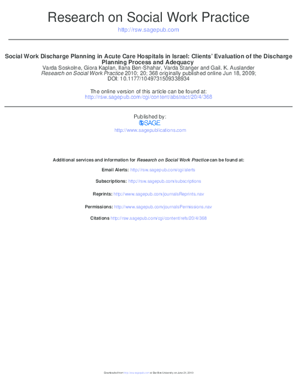 (PDF) Social Work Discharge Planning in Acute Care Hospitals in Israel ...