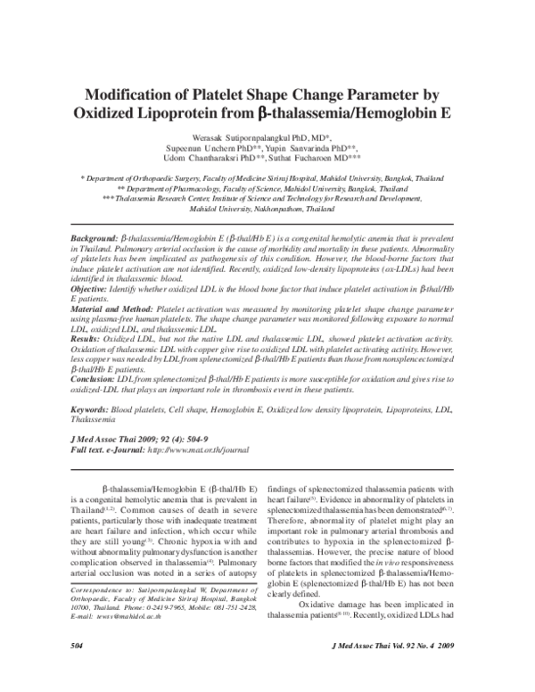 (PDF) Modification of platelet shape change parameter by modified ...