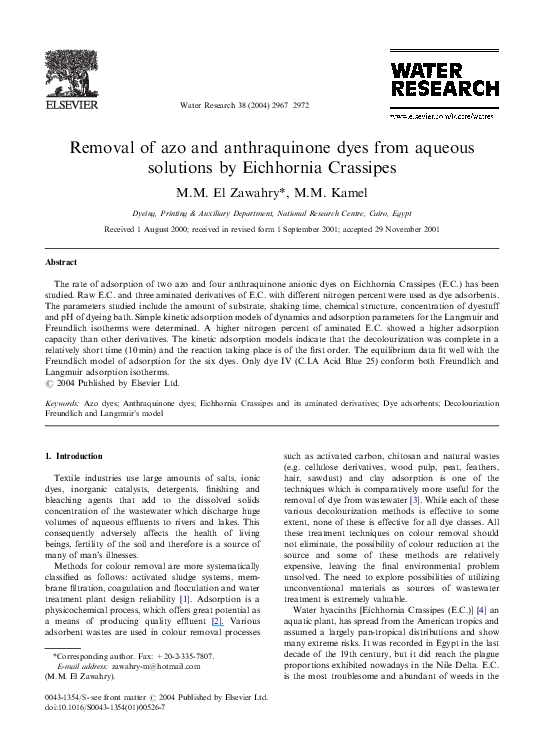 (PDF) Removal of azo and anthraquinone dyes from aqueous solutions by Eichhornia Crassipes