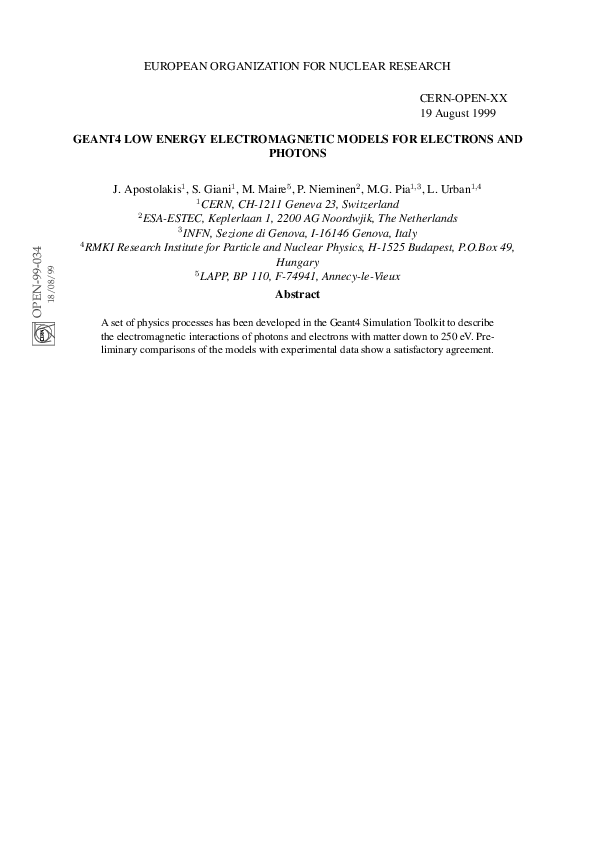 (PDF) Geant4 Low Energy Electromagnetic Models For Electrons And Photons