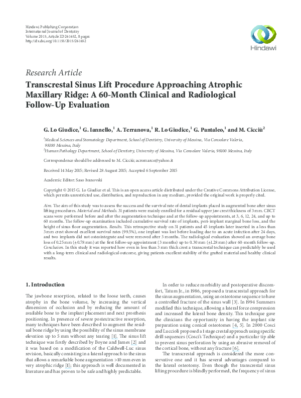 (PDF) Transcrestal Sinus Lift Procedure Approaching Atrophic Maxillary ...