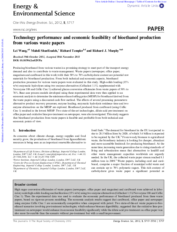 (PDF) Technology performance and economic feasibility of bioethanol ...