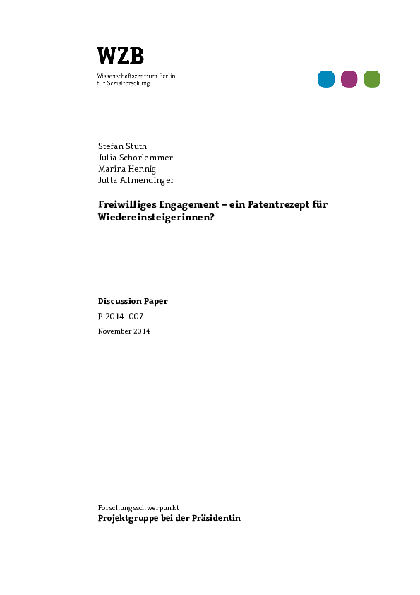 (PDF) Freiwilliges Engagement – ein Patentrezept für Wiedereinsteigerinnen?
