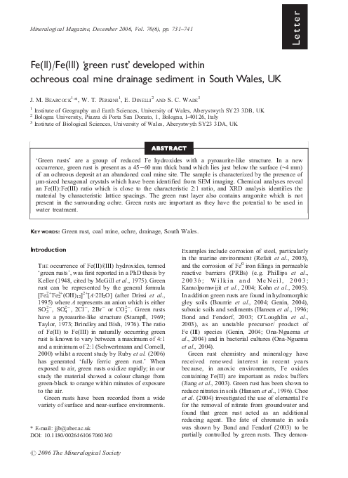 (PDF) Fe(II)/Fe(III) 'green rust' developed within ochreous coal mine ...