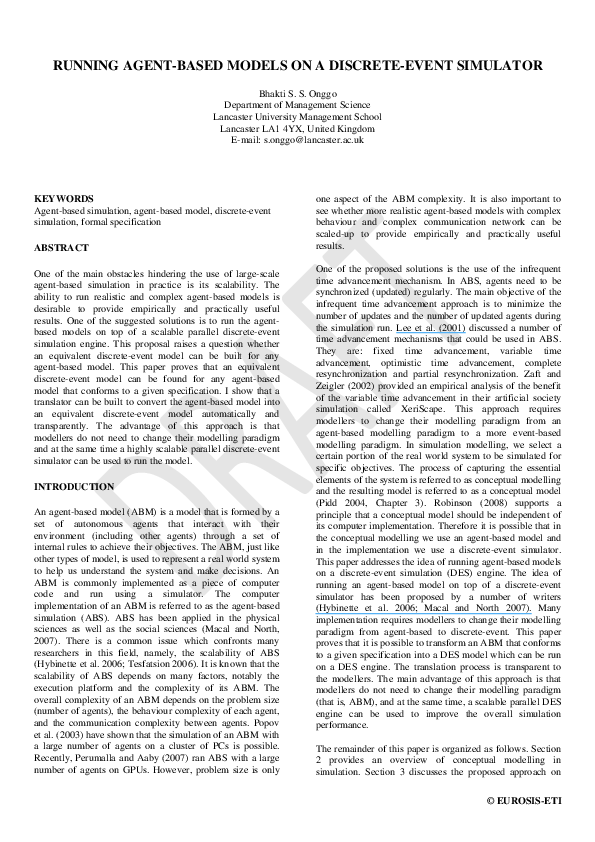 Pdf Running Agent Based Models On A Discrete Event Simulator