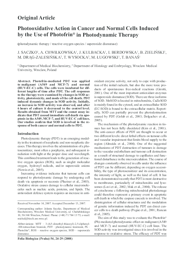(PDF) Photooxidative Action in Cancer and Normal Cells Induced by the ...