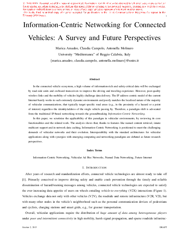Pdf Information Centric Networking For Connected Vehicles A Survey And Future Perspectives