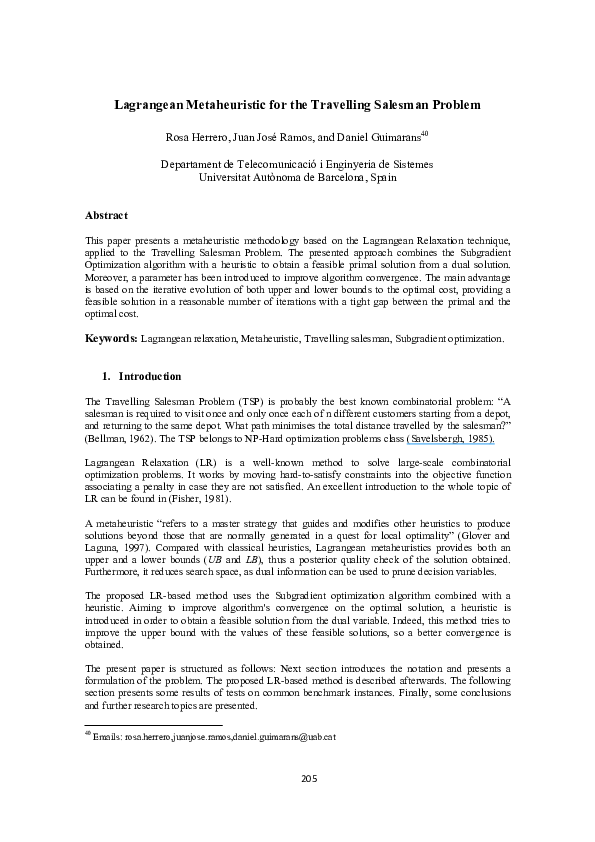 (PDF) Lagrangean Metaheuristic for the Travelling Salesman Problem | Daniel Guimarans and Rosa ...