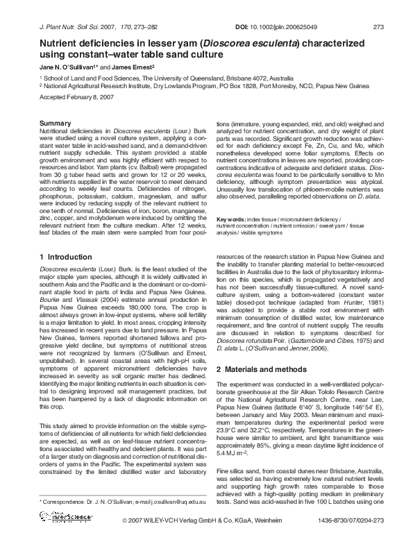 (PDF) Nutrient deficiencies in lesser yam (Dioscorea esculenta ...