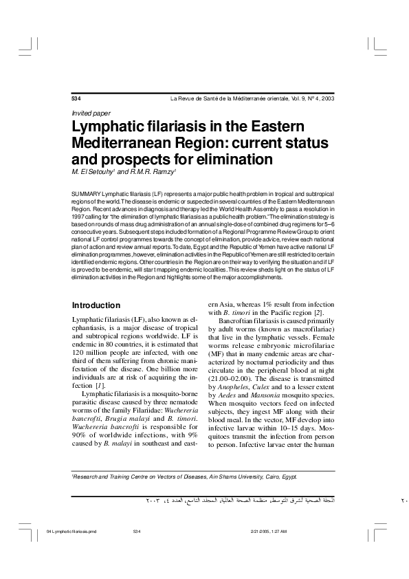 (PDF) Lymphatic filariasis in the Eastern Mediterranean Region: current ...