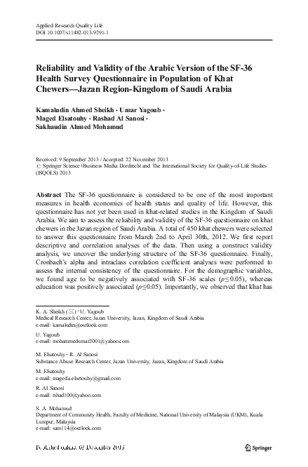 (PDF) Reliablity and validity of the Arabic version of the SF-36