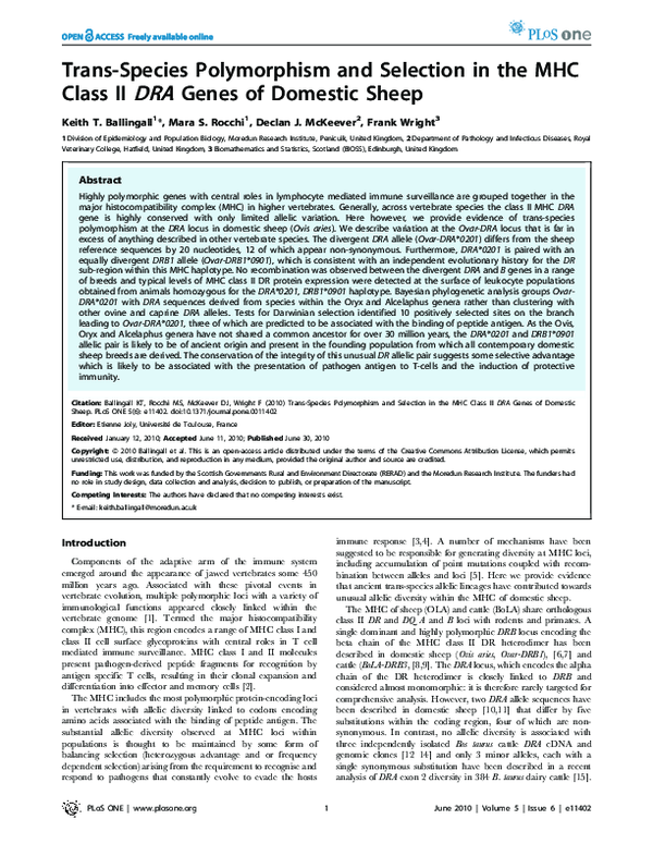 (PDF) Trans-Species Polymorphism and Selection in the MHC Class II DRA ...