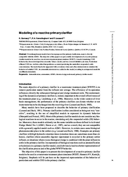 (PDF) Modeling of a reactive primary clarifier