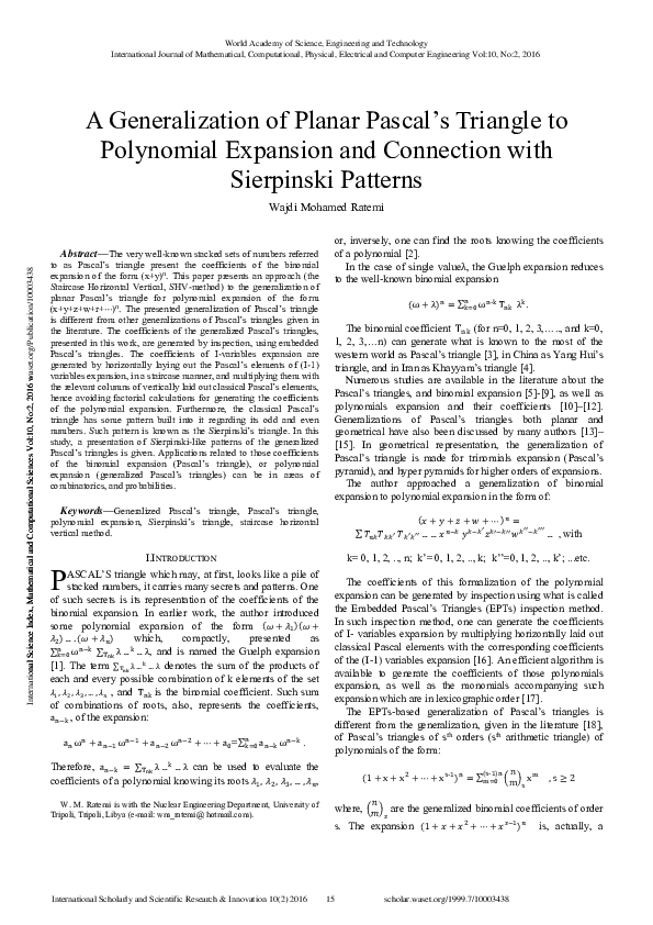 (PDF) A Generalization of Planar Pascal's Triangle to Polynomial ...