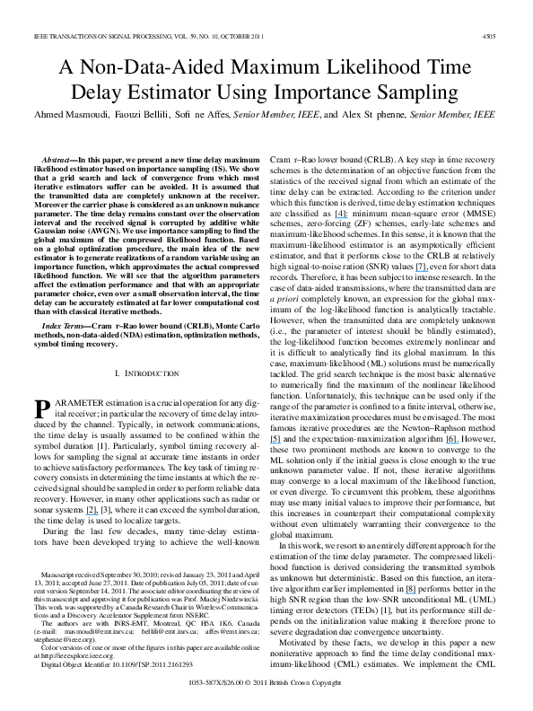 Pdf A Non Data Aided Maximum Likelihood Time Delay Estimator Using