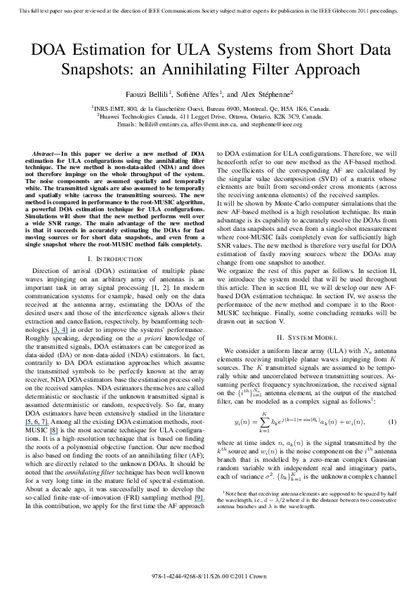 (PDF) DOA Estimation for ULA Systems from Short Data Snapshots: An Annihilating Filter Approach