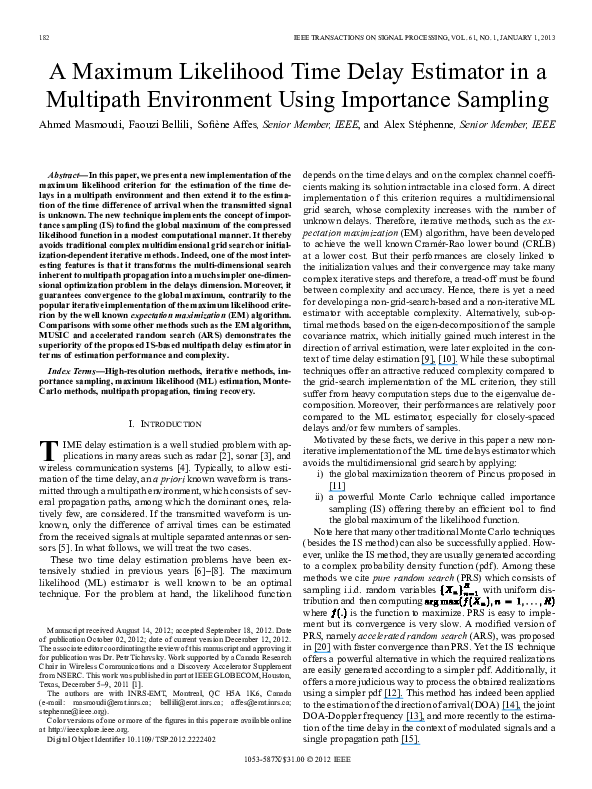 Pdf A Maximum Likelihood Time Delay Estimator In A Multipath Environment Using Importance Sampling