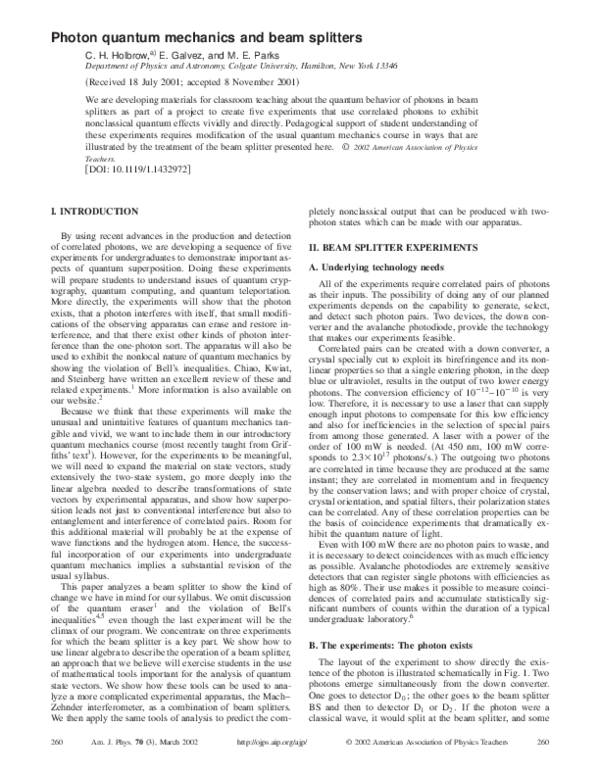 (PDF) Photon quantum mechanics and beam splitters