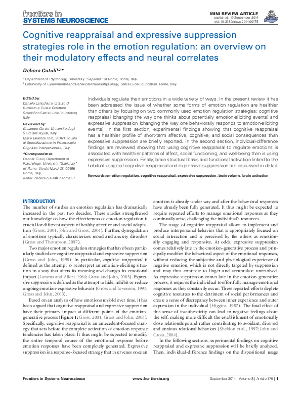 (PDF) Cognitive reappraisal and expressive suppression strategies role ...