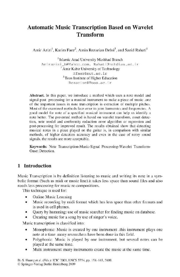 (PDF) Automatic Music Transcription Based on Wavelet Transform