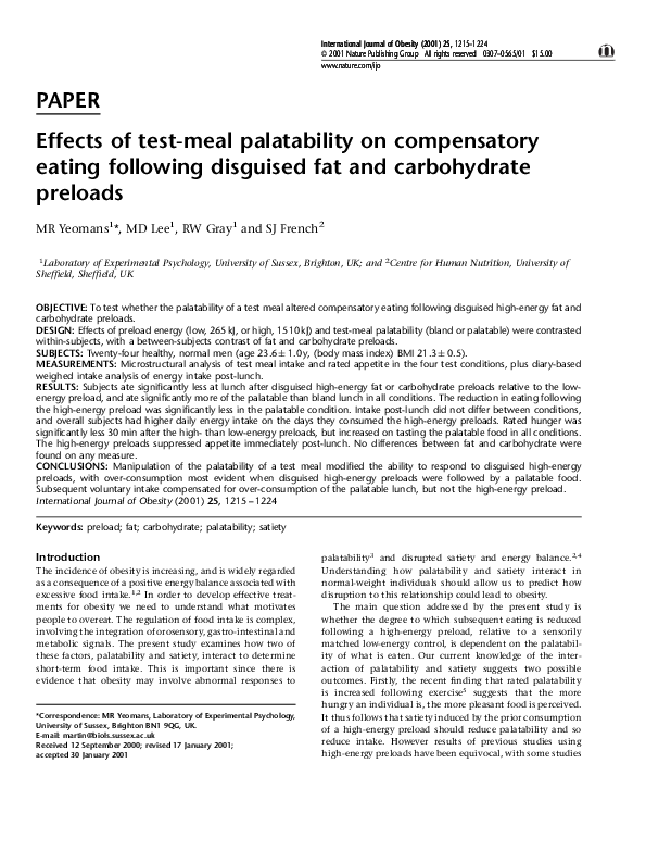 (PDF) Effects of test-meal palatability on compensatory eating ...
