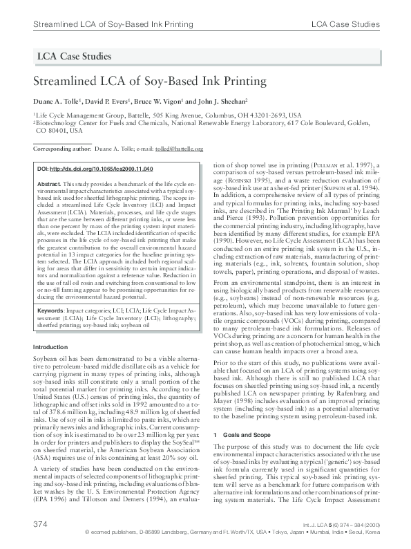 (PDF) Streamlined LCA of soy-based ink printing | Bruce Vigon ...