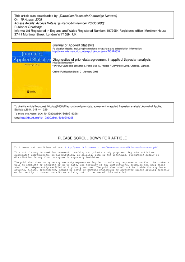 (PDF) Diagnostics of prior-data agreement in applied Bayesian analysis