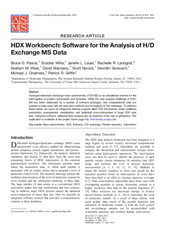 (PDF) HDX Workbench: Software for the Analysis of H/D Exchange MS Data