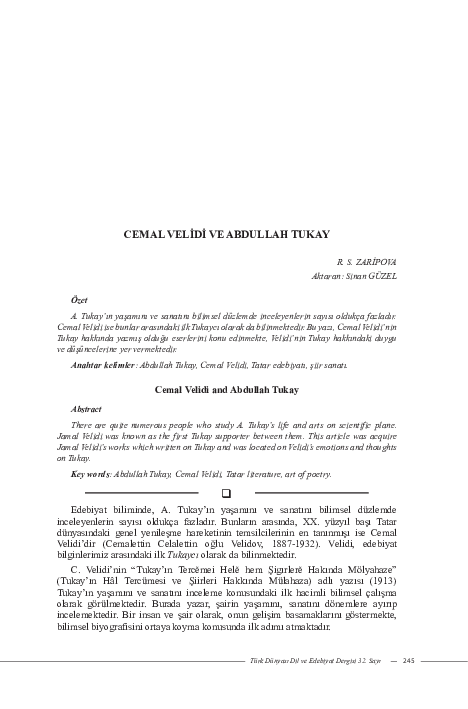 (PDF) “Cemal Velidi ve Abdullah Tukay” (R. S. Zaripova’dan), Türk ...