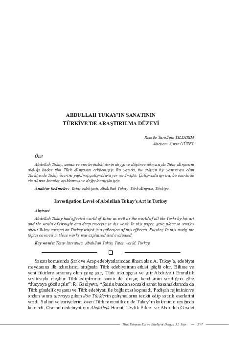 (PDF) “Abdullah Tukay’ın Sanatının Türkiyede Araştırılma Düzeyi” (R. Y ...