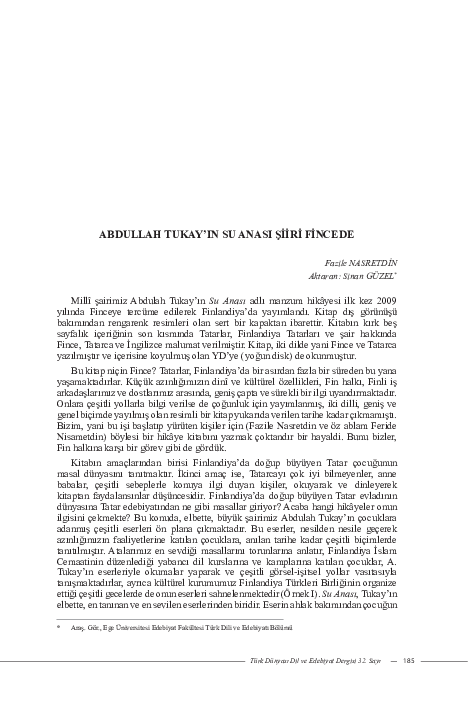 (PDF) “Abdullah Tukay’ın Su Anası Şiiri Fincede” F. Nasretdin’den ...