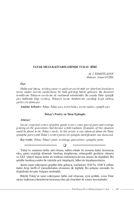 (PDF) “Tatar Mezar Kitabelerinde Tukay Şiiri” (M. İ. Ehmetcanov’dan ...