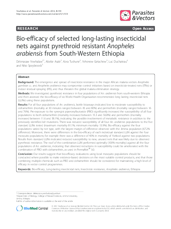 (PDF) Bio-efficacy of selected long-lasting insecticidal nets against pyrethroid resistant ...