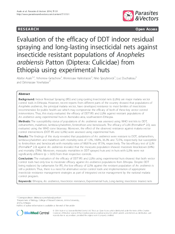 (PDF) Evaluation of the efficacy of DDT indoor residual spraying and long-lasting insecticidal ...