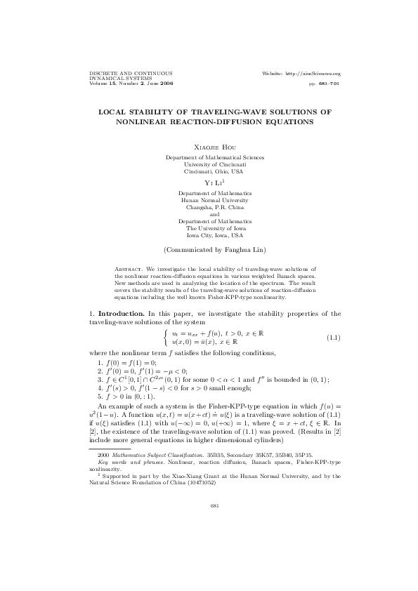 (PDF) Local stability of traveling-wave solutions of nonlinear reaction-diffusion equations