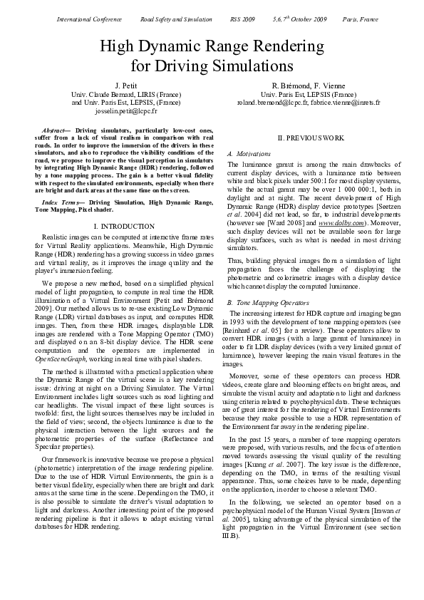 Pdf High Dynamic Range Rendering For Driving Simulations