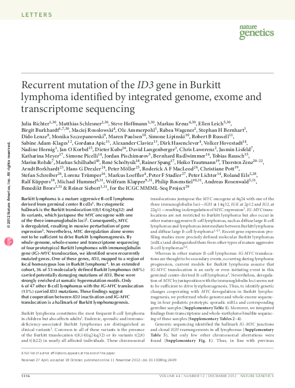 (PDF) Recurrent mutation of the ID3 gene in Burkitt lymphoma identified ...