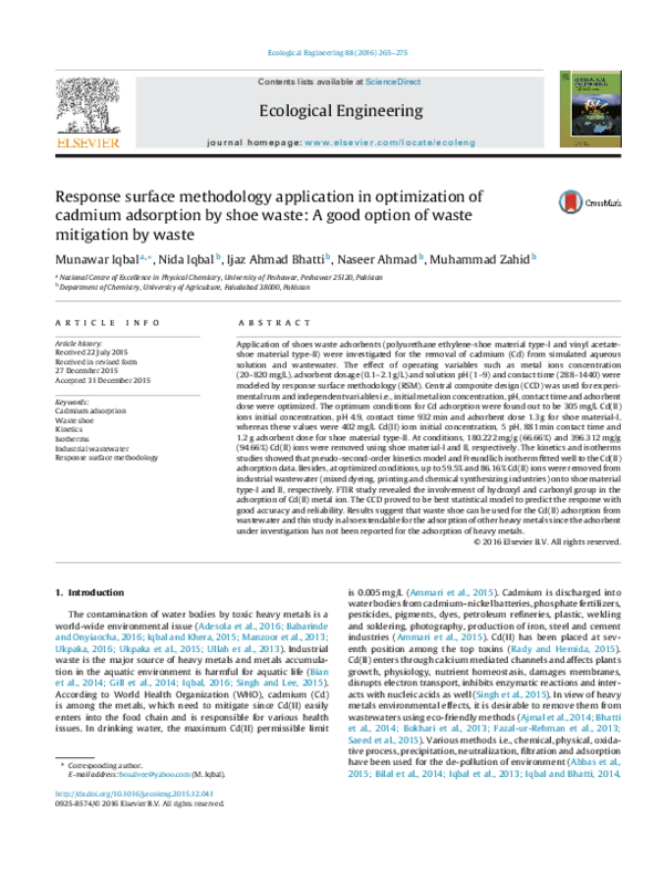 (PDF) Response surface methodology application in optimization of cadmium adsorption by shoe ...