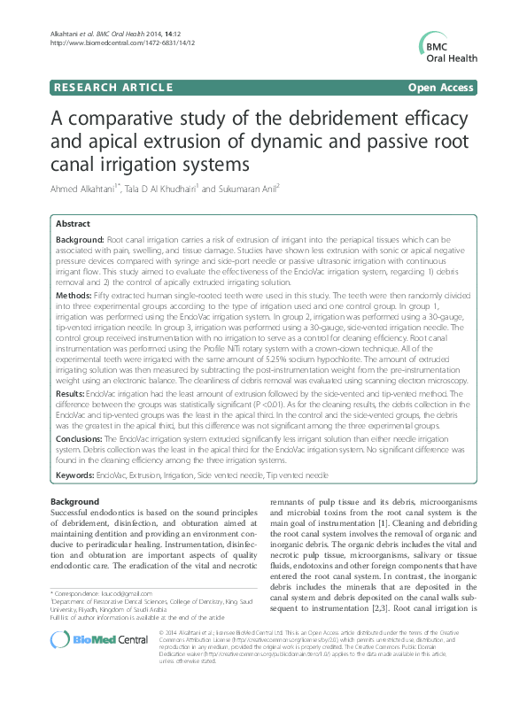(PDF) A comparative study of the debridement efficacy and apical extrusion of dynamic and ...