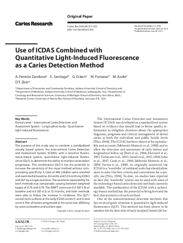 Pdf Use Of Icdas Combined With Quantitative Light Induced Fluorescence As A Caries Detection