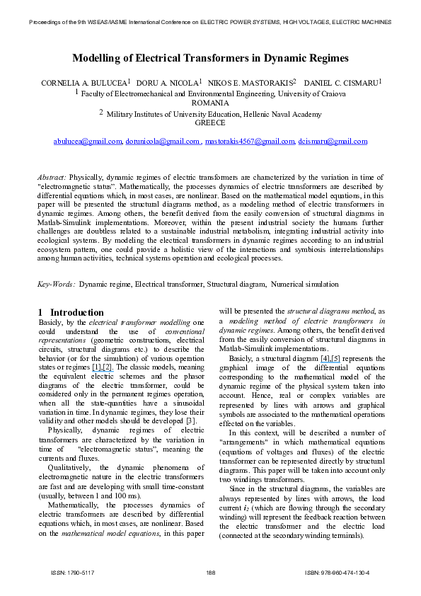 (PDF) Modelling of Electrical Transformers in Dynamic Regimes