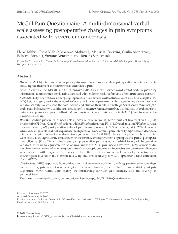 (PDF) McGill Pain Questionnaire: A multi-dimensional verbal scale ...
