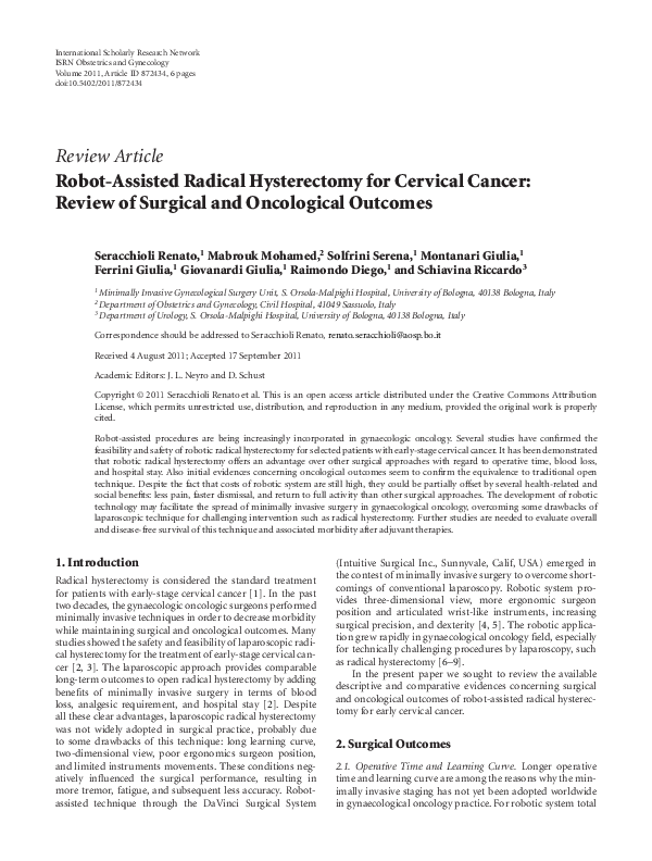 (PDF) Robot-Assisted Radical Hysterectomy for Cervical Cancer: Review of Surgical and ...